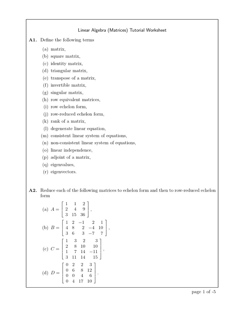 SMA 1216 Matrices Tutorial | PDF | Matrix (Mathematics) | Eigenvalues And Eigenvectors