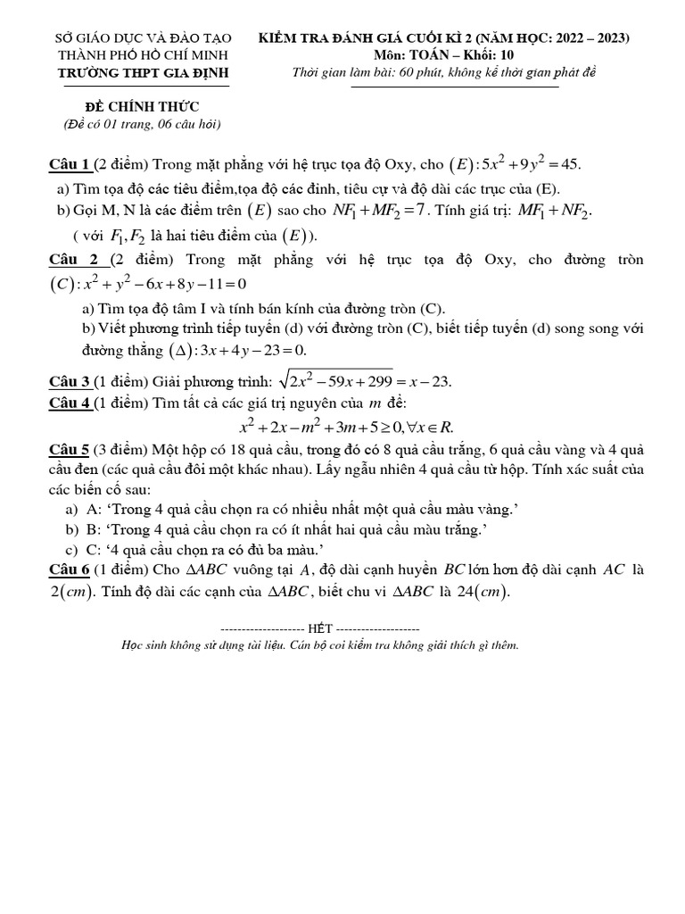 De Cuoi Ki 2 Toan 10 Nam 2022 2023 Truong THPT Gia Dinh TP HCM | PDF
