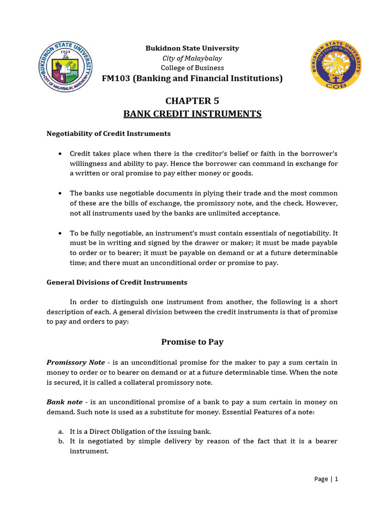 Chapter 5 - Bank Credit Instruments | PDF | Cheque | Negotiable Instrument