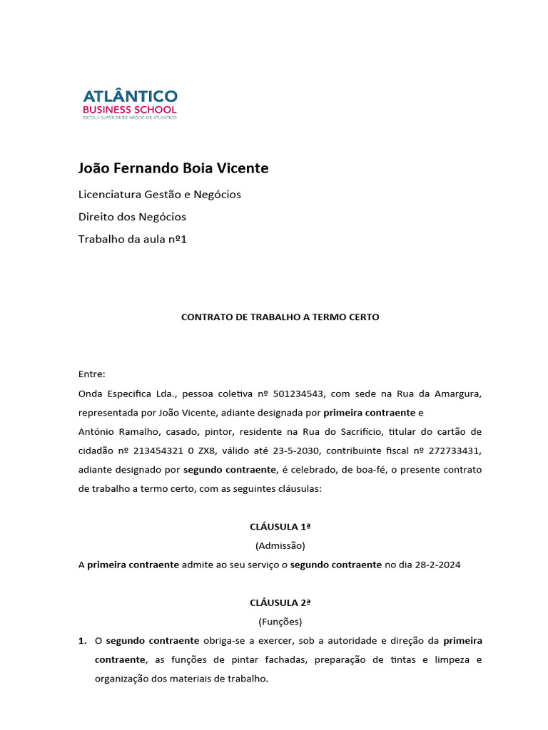 Contrato de Trabalho Termo Certo | PDF | Férias trabalhistas | Direito Privado