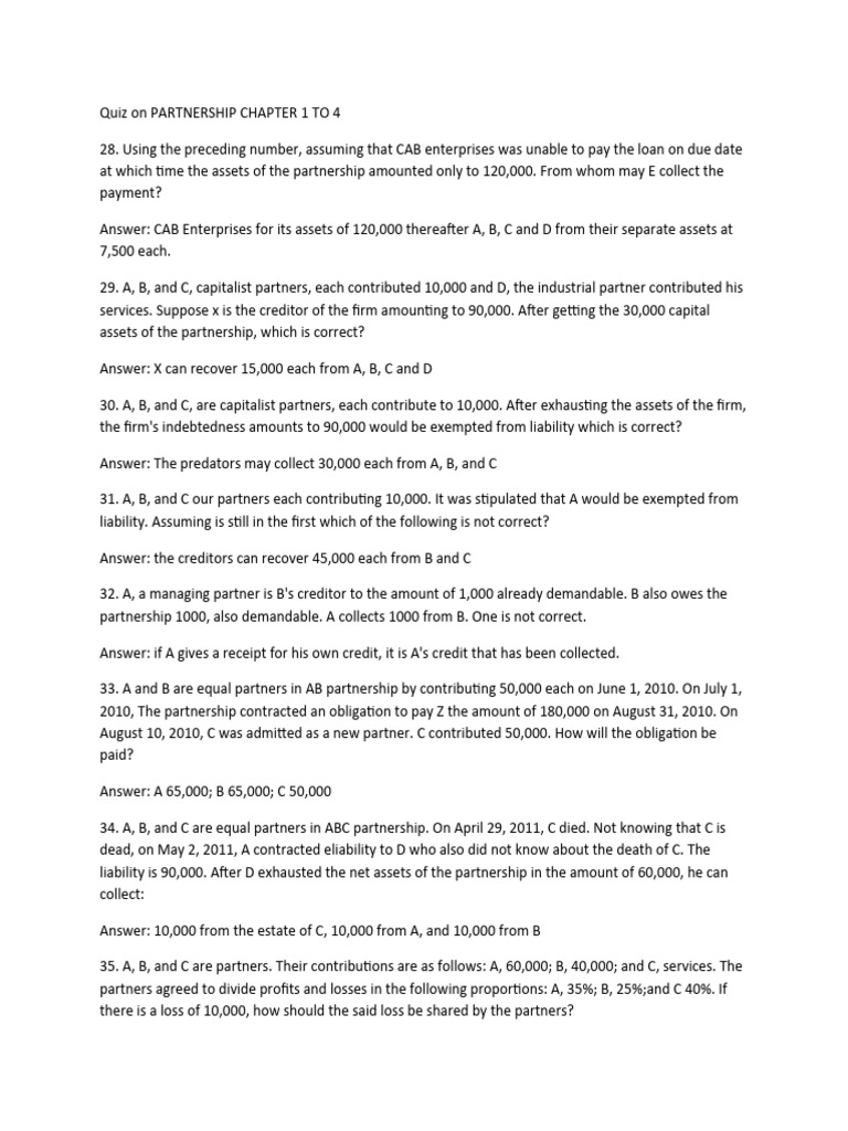 Partnership Quiz: Chapters 1-4 Questions | PDF | Partnership | Personal ...