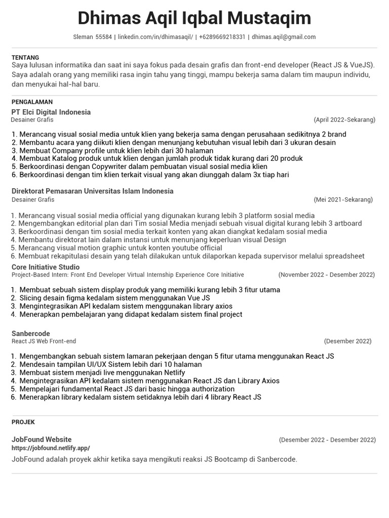 Curriculum Vitae - Dhimas Aqil Iqbal Mustaqim | PDF | Bisnis | Seni