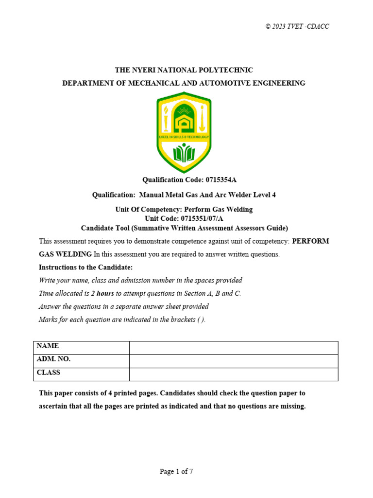 Assessor Guide Summative Gas Welding 2924 | PDF | Welding | Construction