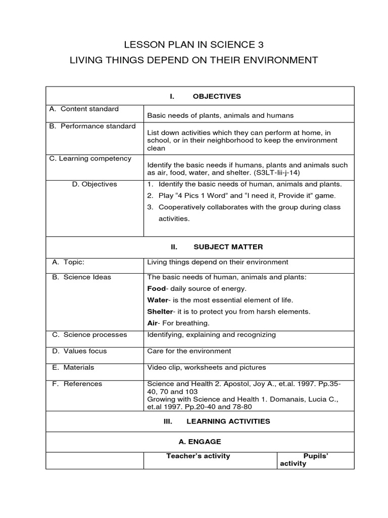 Basic Needs of Living Things Lesson Plan | PDF | Water | Foods