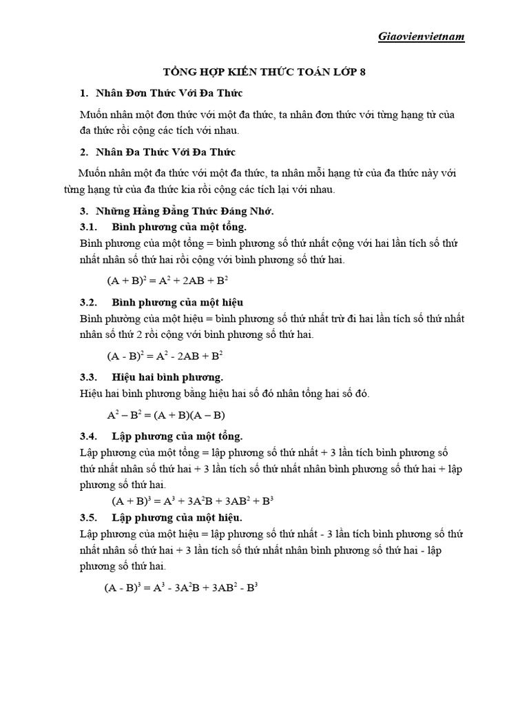Tong Hop Kien Thuc Toan Lop 8 | PDF