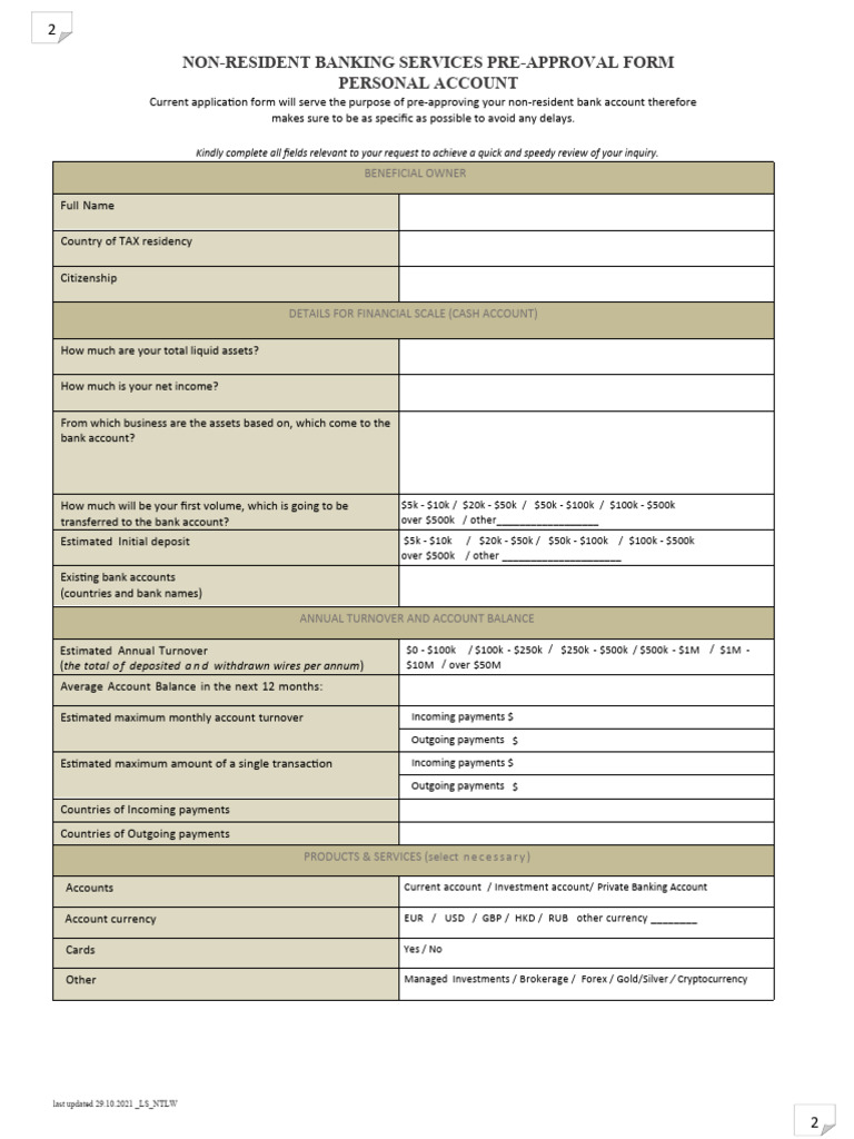 2021 PERSONAL ACCOUNT PRE-APPROVAL FORM - ENG - NTL Wealth | PDF | Banks | Revenue