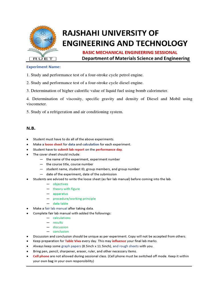 Mechanical Engineering Lab Experiments | PDF | Internal Combustion ...