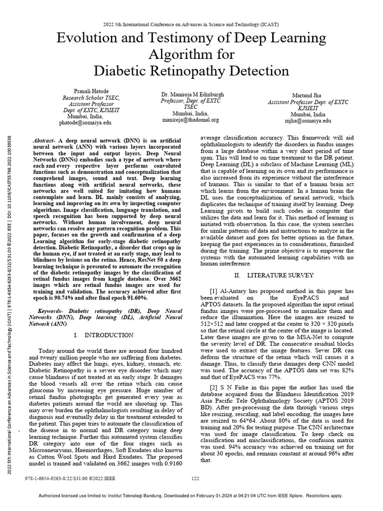 Evolution And Testimony Of Deep Learning Algorithm For Diabetic Retinopathy Detection Pdf