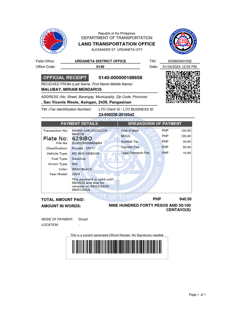Plate No: 629IBO: Official Receipt | PDF | Transport | Payments