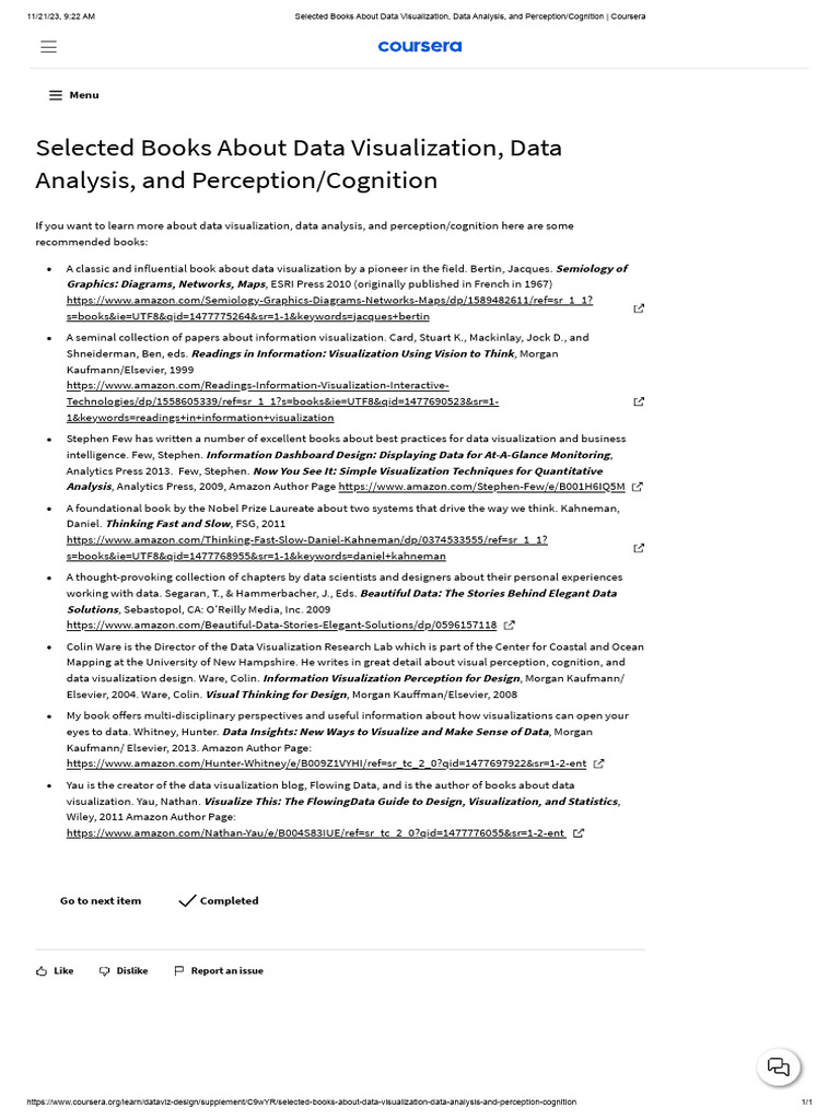 Selected Books About Data Visualization, Data Analysis, and Perception - Cognition - Coursera ...