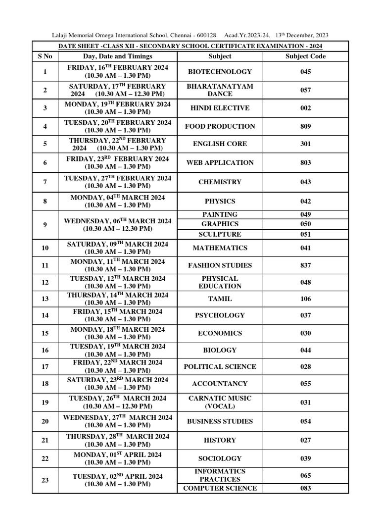 Grade Xii Ssce Exam Timetable 2024 | PDF | Educational Stages