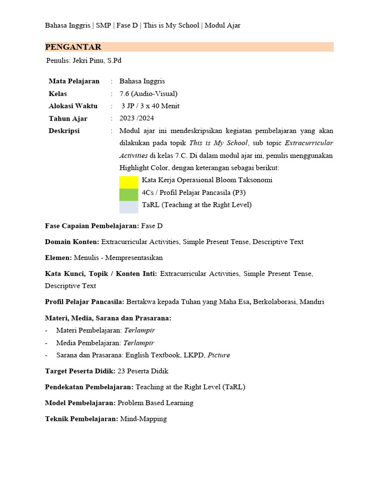 Modul Ajar Bahasa Inggris - Menulis Kalimat Simple Present Tense 'Extracurricular Activities ...