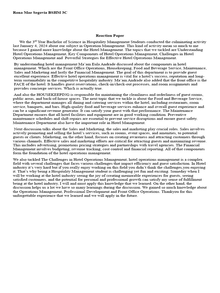 Reaction Paper Operations Management | PDF