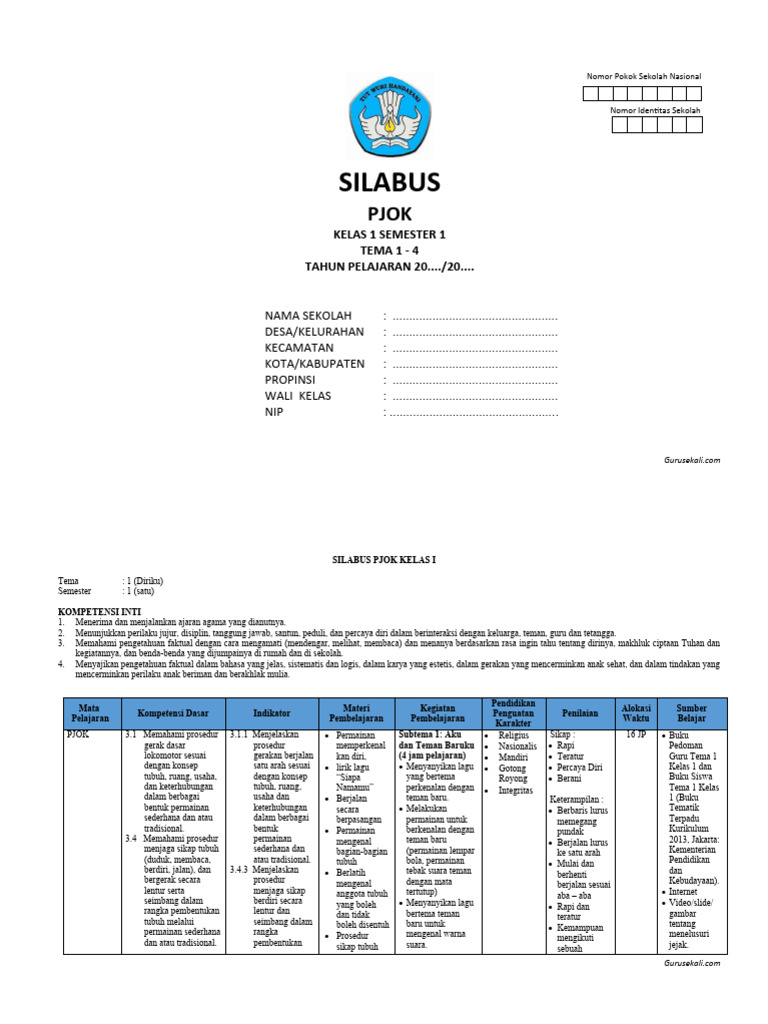Silabus PJOK Kelas 1 Semester 1 | PDF