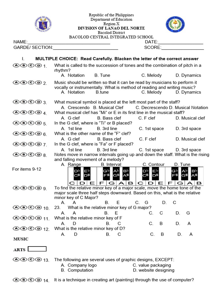 Grade 6 2nd Periodical Test With TOS & Answer Keys MAPEH | PDF | Clef ...