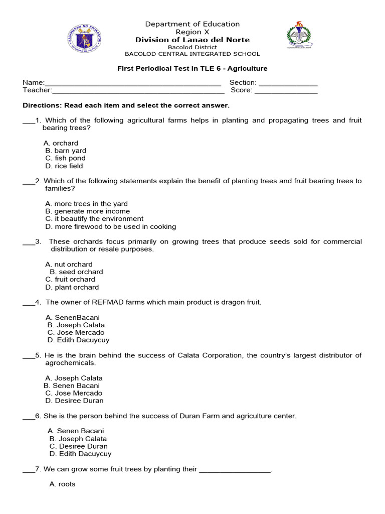 First Periodical Test in TLE 6 First Grading AGRICULTURE | PDF | Trees ...