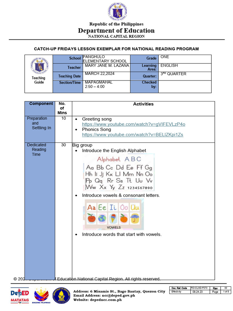 Grade 1 English Lesson Plan | PDF