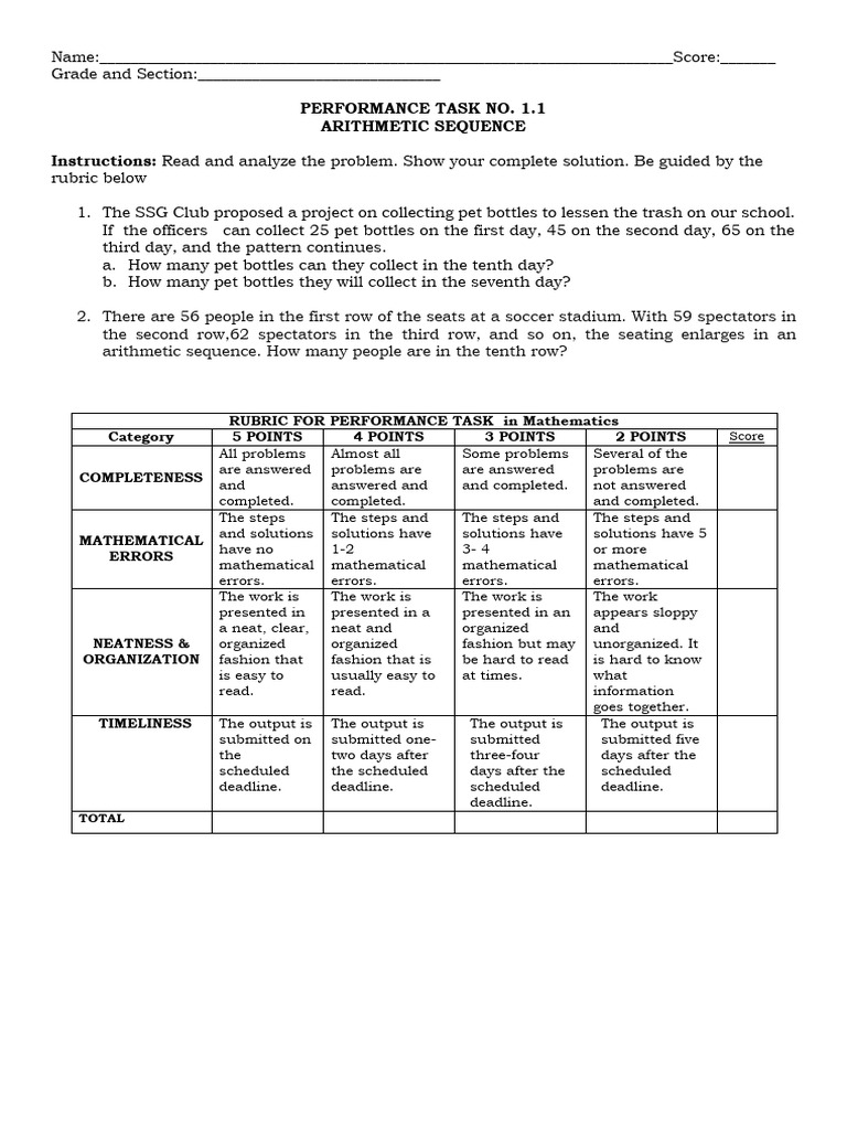 G10 Math - Q1 - Performance Task 1 - Arithmetic Sequence | PDF | Mathematics
