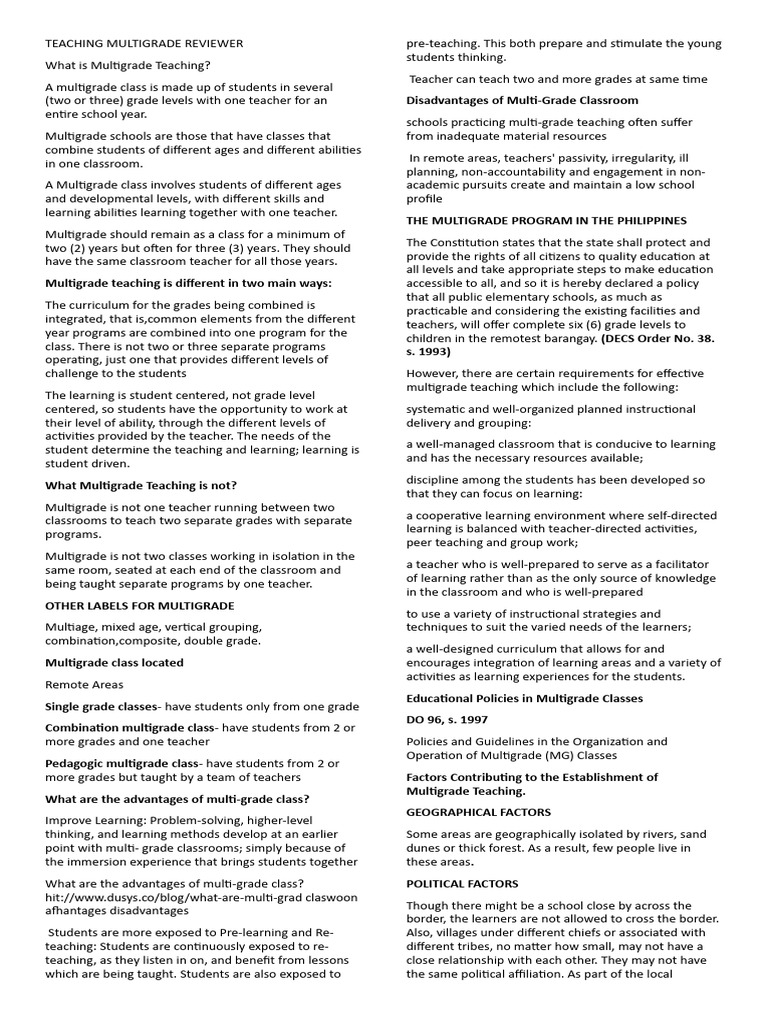 Teaching Multigrade Reviewer | PDF | Classroom | Learning