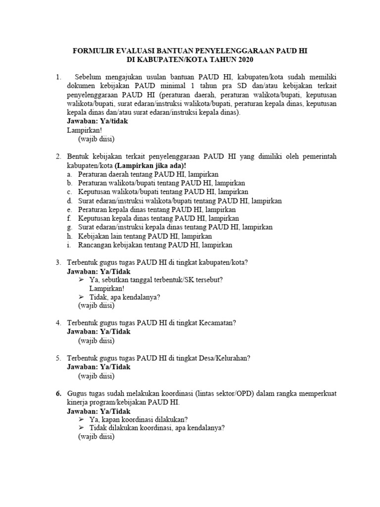 Form Evaluasi Paud Hi | PDF