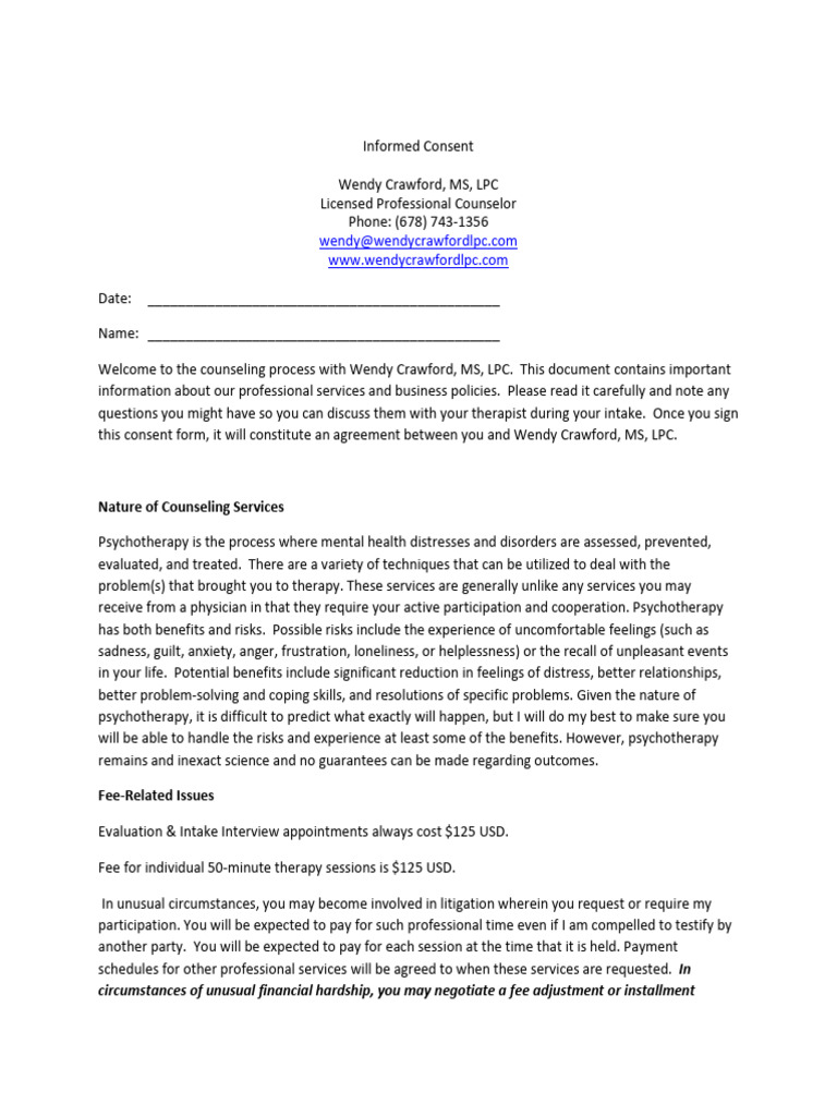 Informed Consent for Counseling Services | PDF | Psychotherapy | Insurance