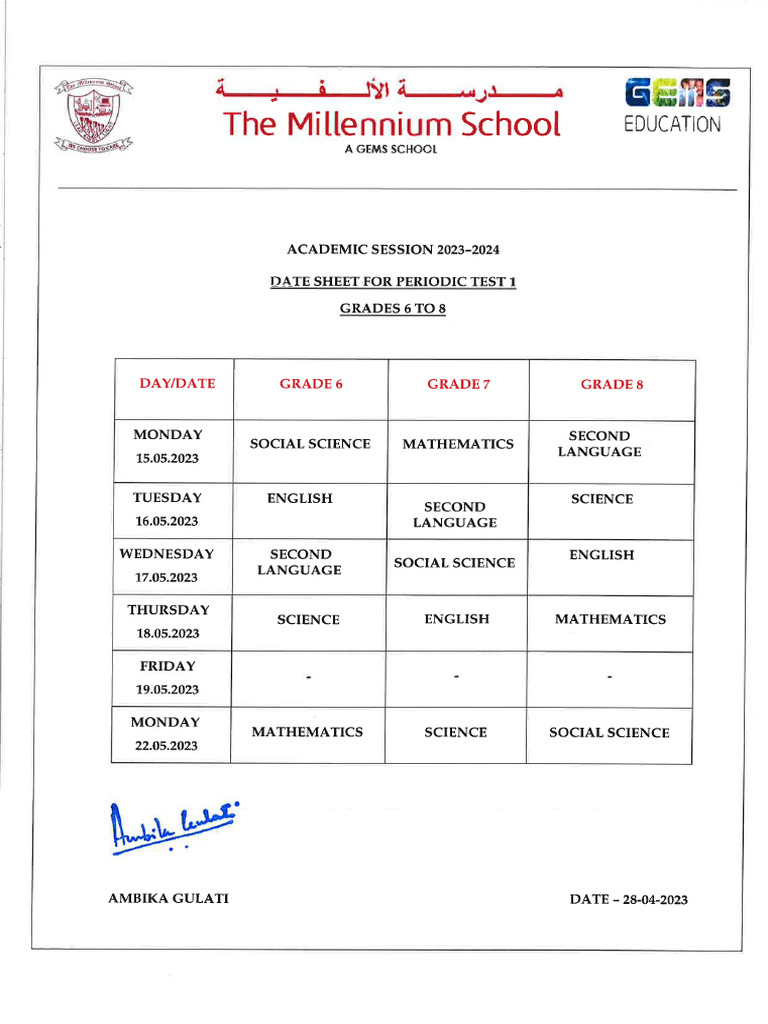 Date Sheet - Periodic Test - Grades 6 To 8 | PDF