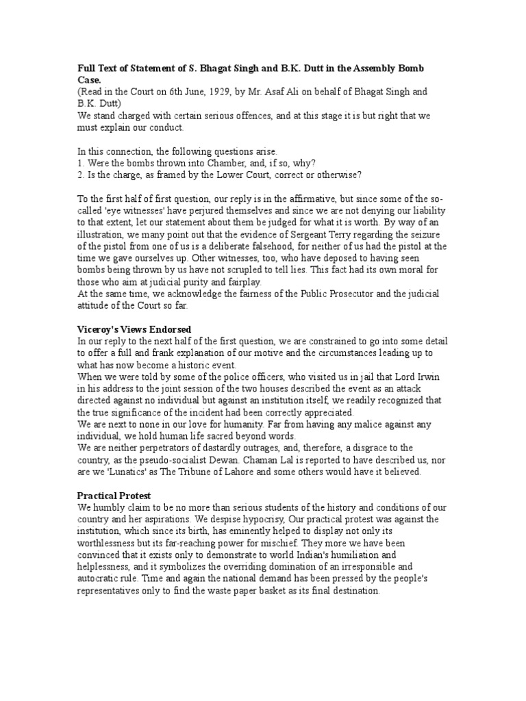 Full Text of Statement of S. Bhagat Singh and B.K. Dutt in The Assembly ...