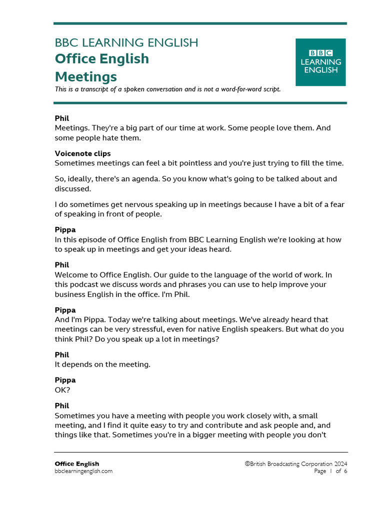 OfficeEnglish Meetings Transcript | PDF | English Language