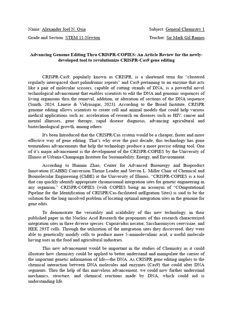 Advancing Genome Editing Thru CRISPR-COPIES: An Article Review For The ...