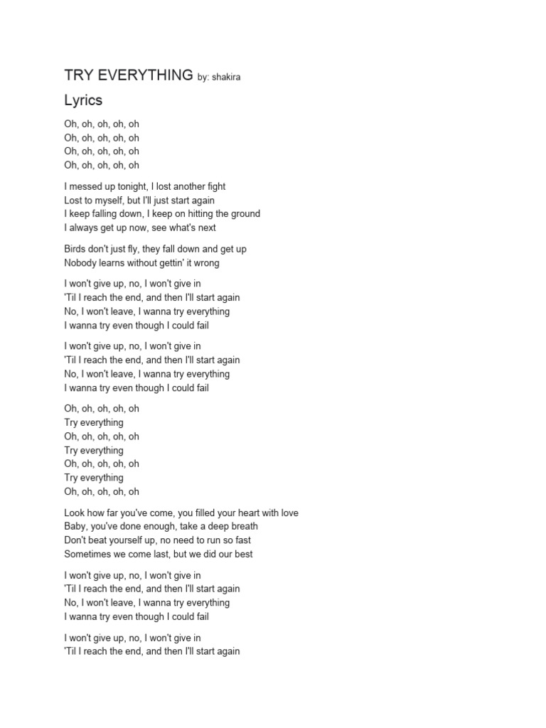 Try Everything Lyrics by Shakira | PDF