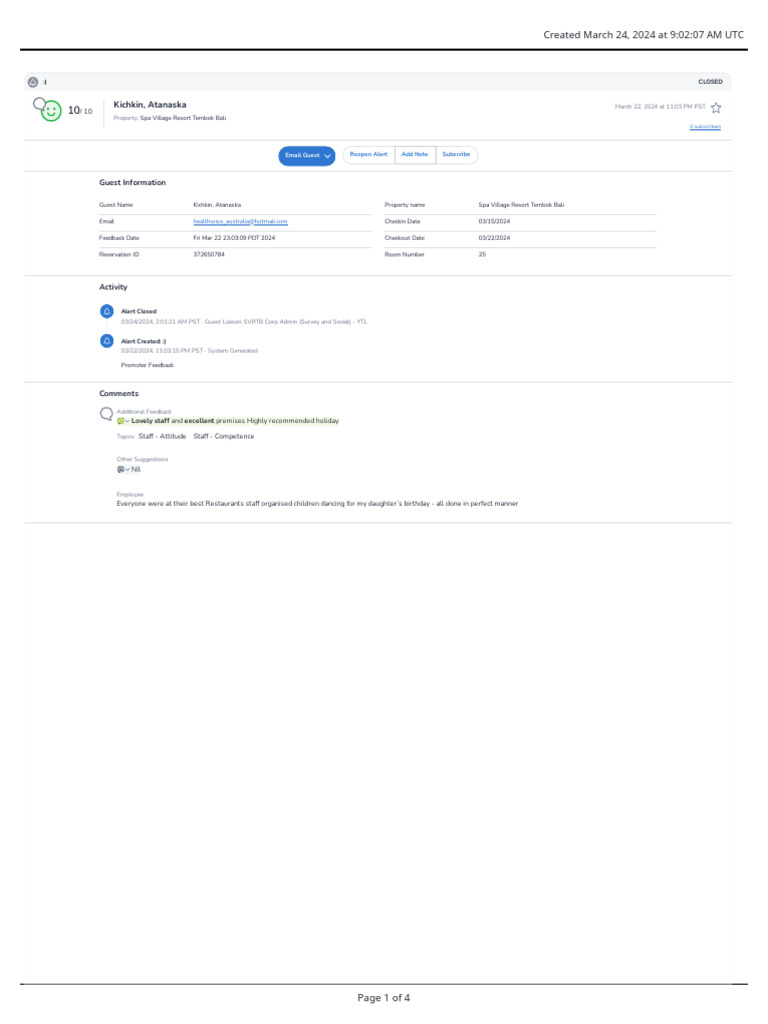 Guest Feedback: Spa Village Resort Bali | PDF