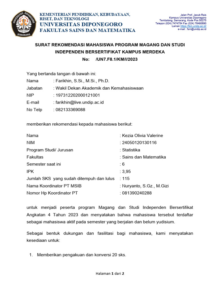 (Format) Surat Rekomendasi Mahasiswa Program MSIB Angkatan 4 FSM | PDF