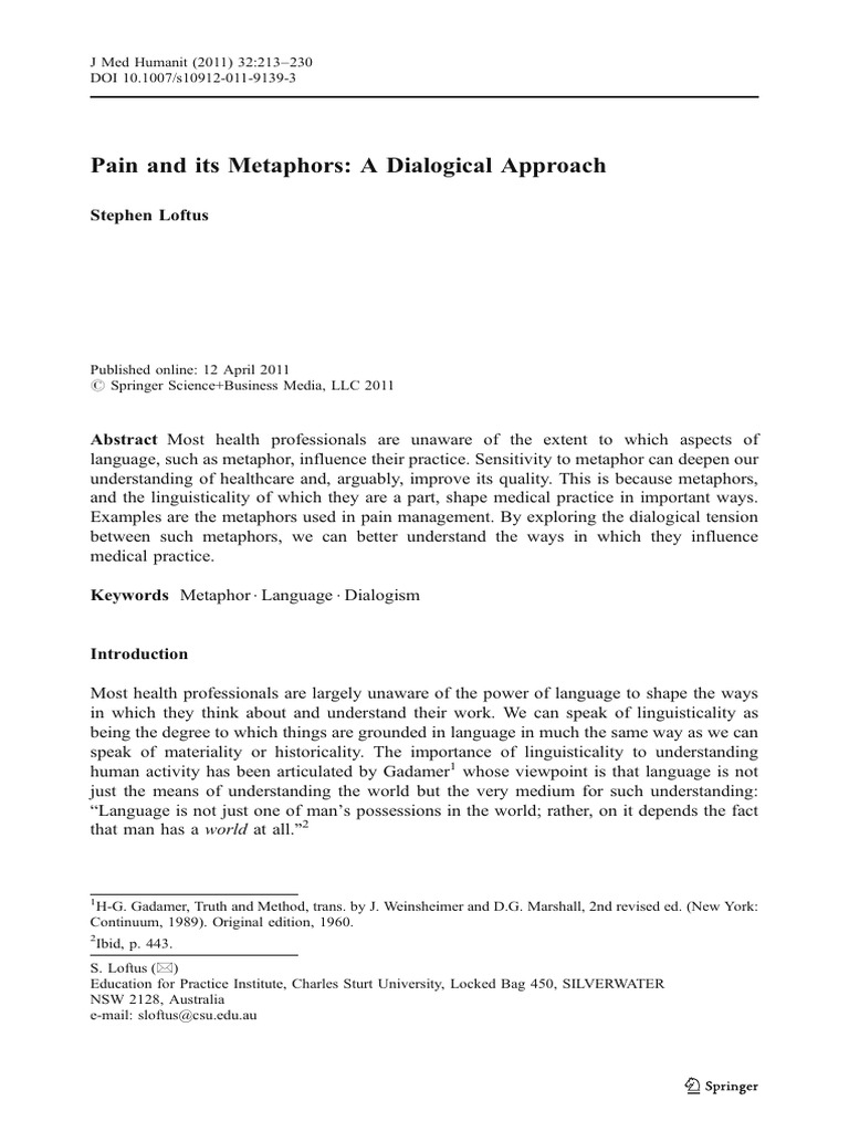 Stephen Loftus (2011) - Pain and Its Metaphors - A Dialogical Approach ... Stephen Loftus (2011) - Pain and Its Metaphors - A Dialogical Approach ...