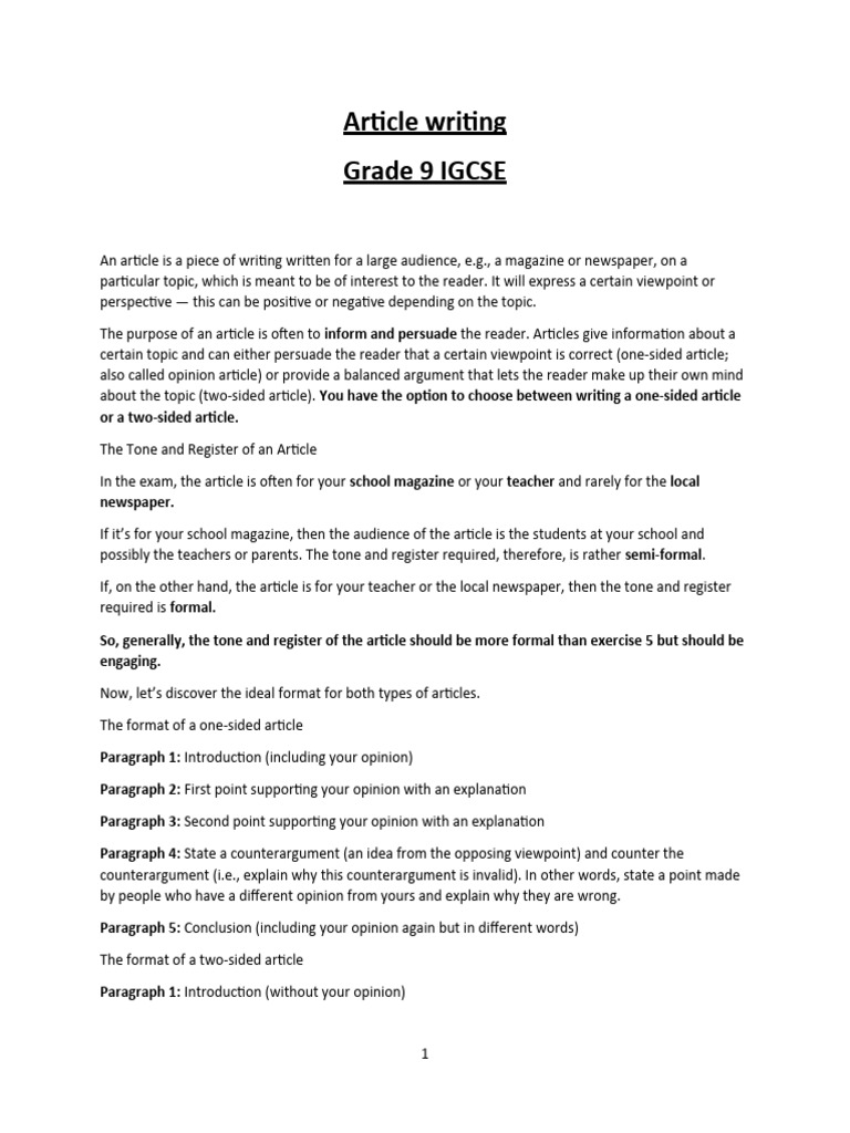 Article Writing 9 IG | PDF | Argument | Question
