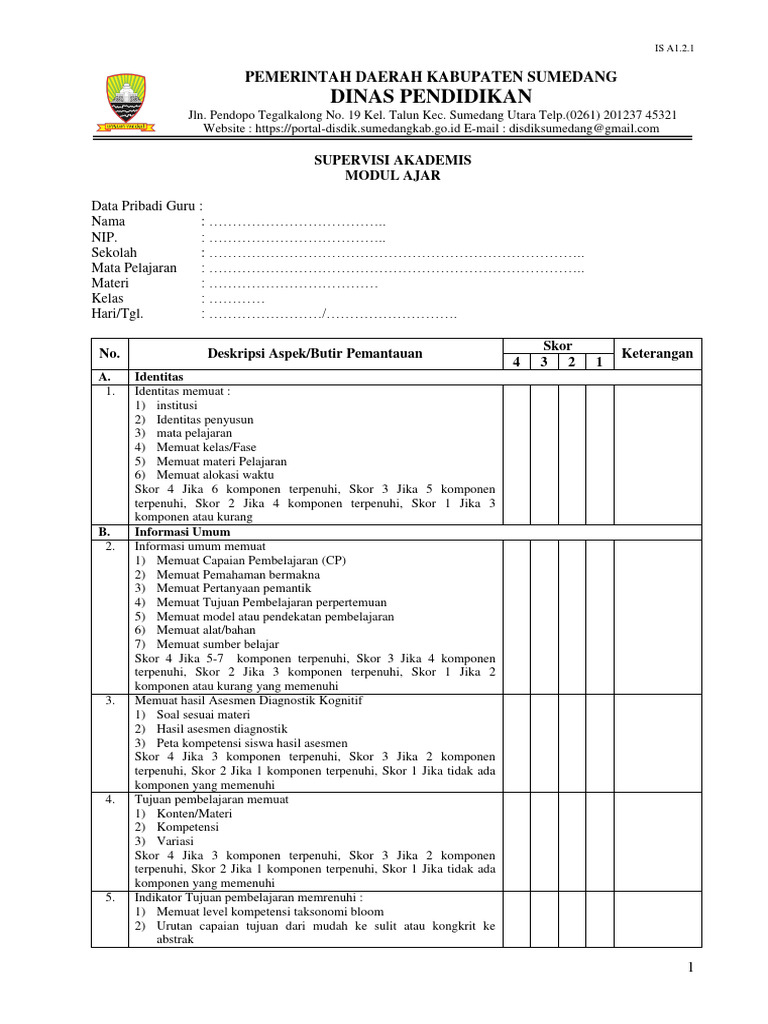 Instrumen Supervisi Modul Ajar Kurikulum Merdeka | PDF