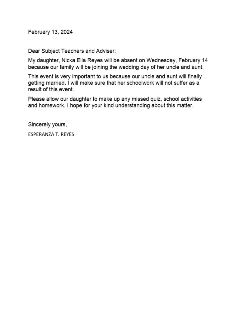 Excuse Letter for Wedding Absence | PDF