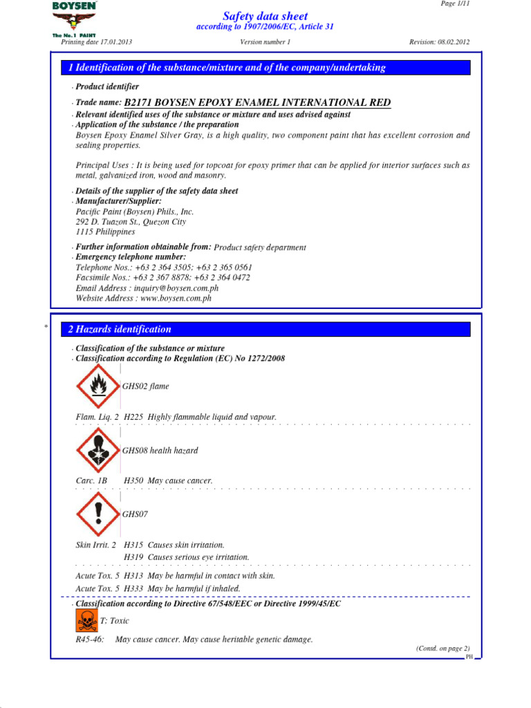 Boysen Epoxy Enamel B2171 Safety Data | PDF | Dangerous Goods ...