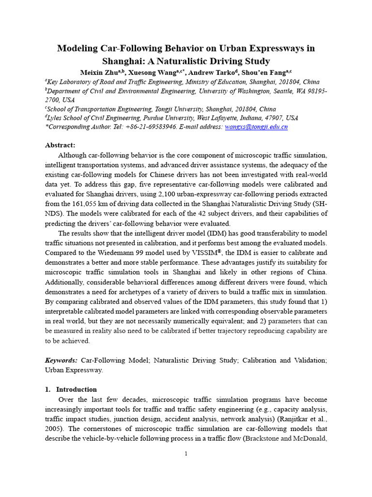 Modeling Car-Following Behavior On Urban Expressways in Shanghai: A ...