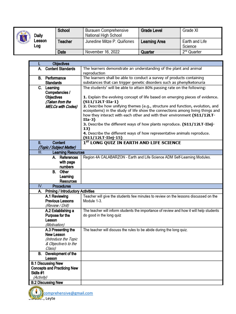 Els - DLL - 1ST Long Quiz | PDF | Reproduction | Learning
