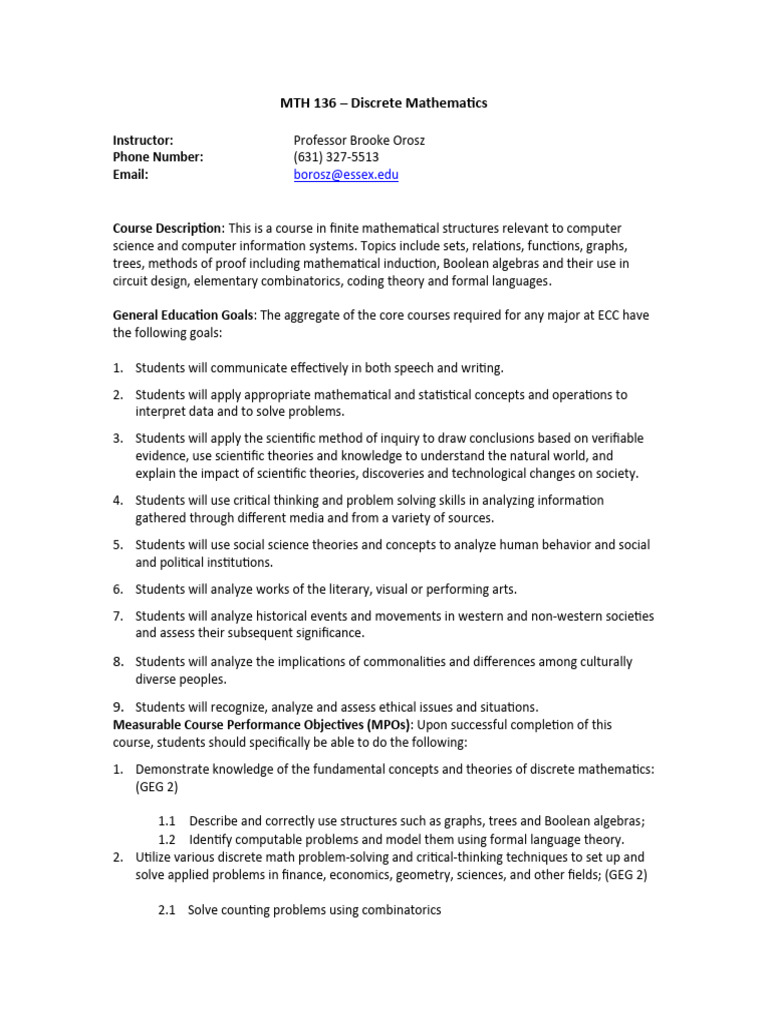 MTH 136fall2021 Syllabus | PDF | Mathematics | Discrete Mathematics