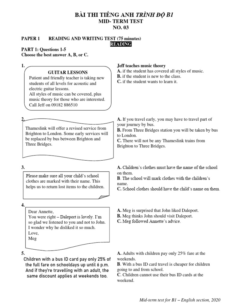 BÀI THI TIẾNG ANH TRÌNH ĐỘ B1 KHUNG CHÂU ÂU- MID-TERM TEST - BM - 03 ...