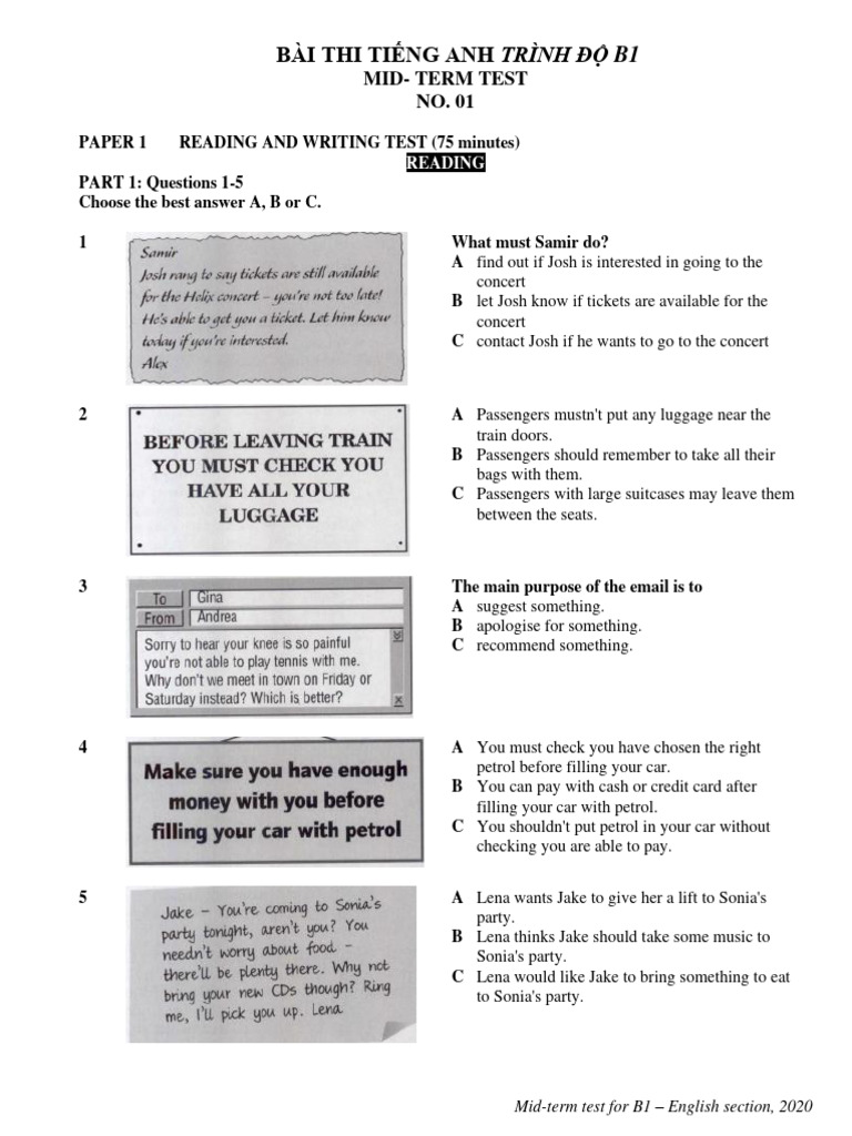 BÀI THI TIẾNG ANH TRÌNH ĐỘ B1 KHUNG CHÂU ÂU- MID-TERM TEST - BM - 01 ...