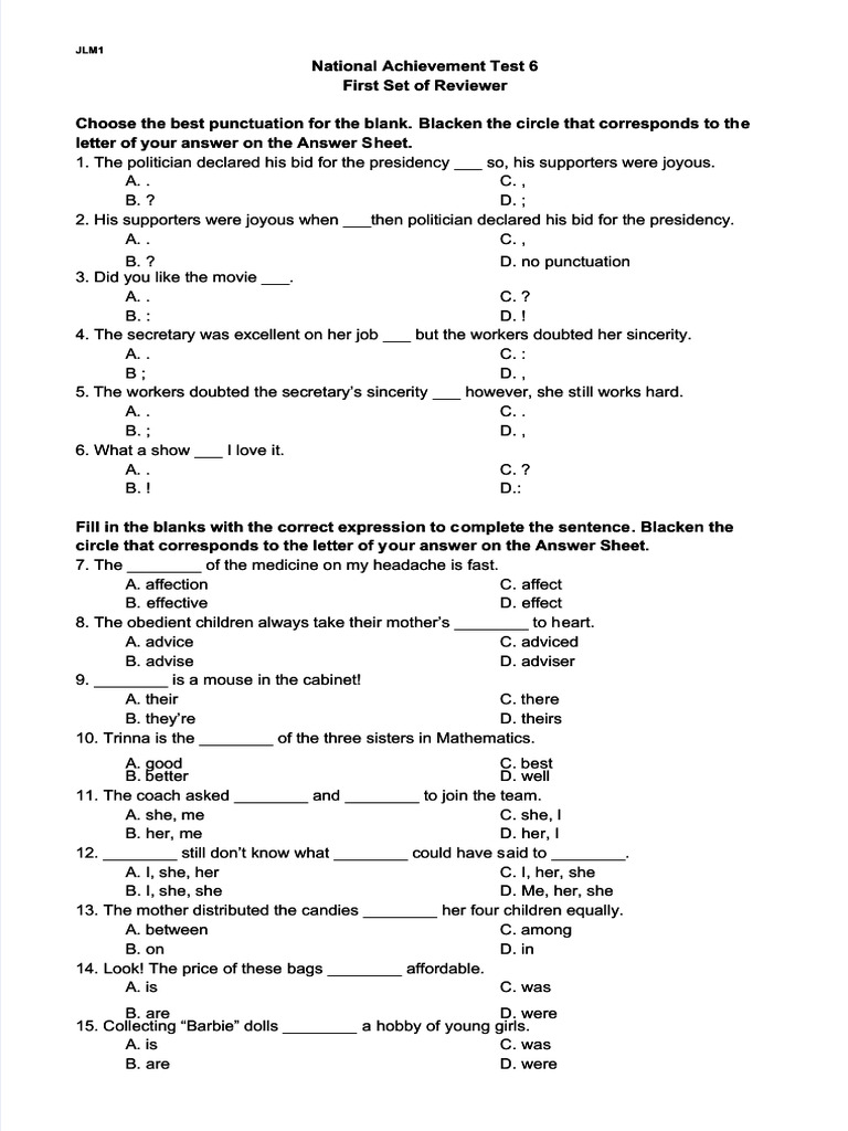National Achievement Test 6 Review Guide | PDF