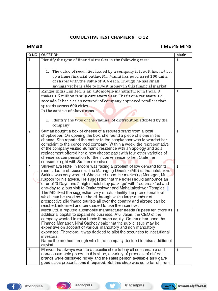 Cumulative Class Test B.STD Class Xii Chapter 9-12 | PDF | Financial ...