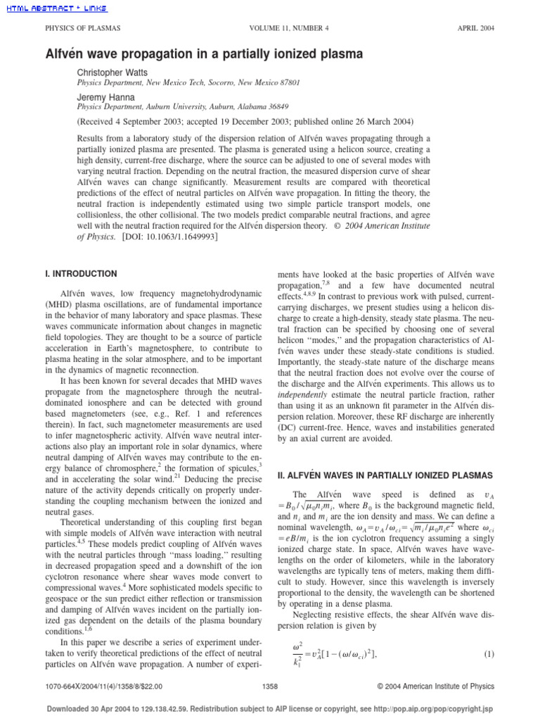 Alfven Neutral | PDF | Plasma (Physics) | Waves