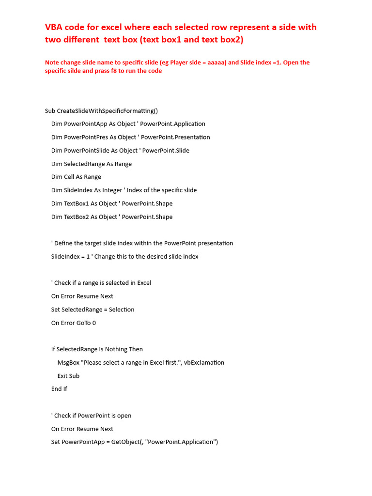 Vba Code For Excel Where Each Elected Row Represent A PPT Slide | PDF | Microsoft Excel | Rgb ...