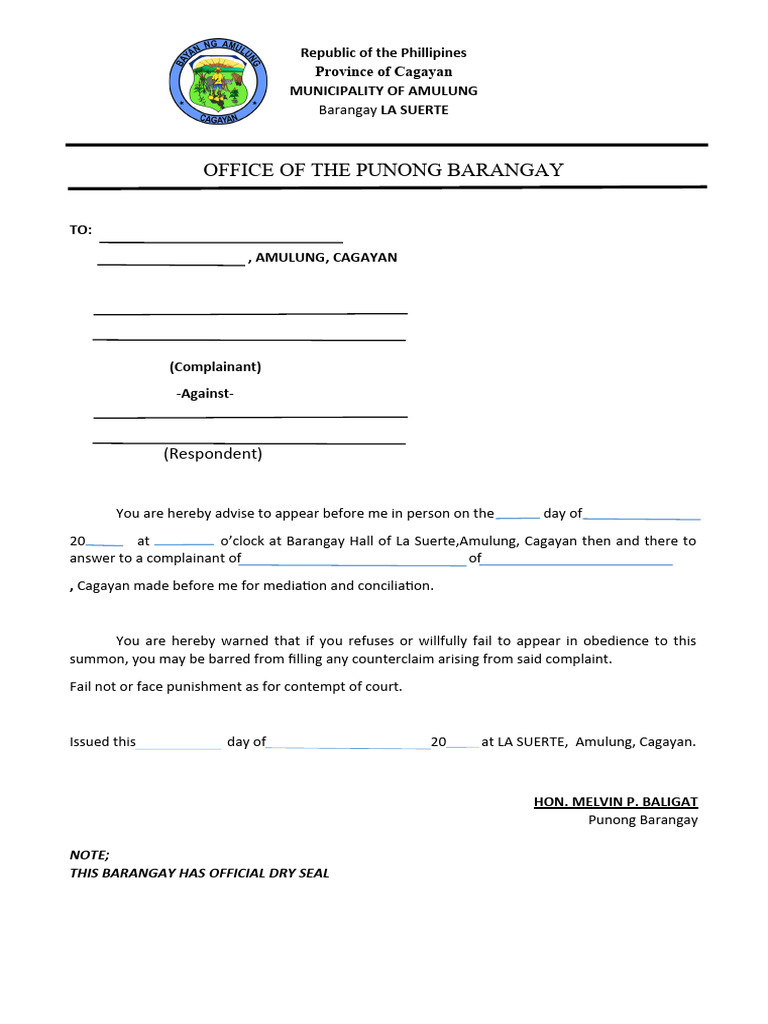 Barangay Summon | PDF