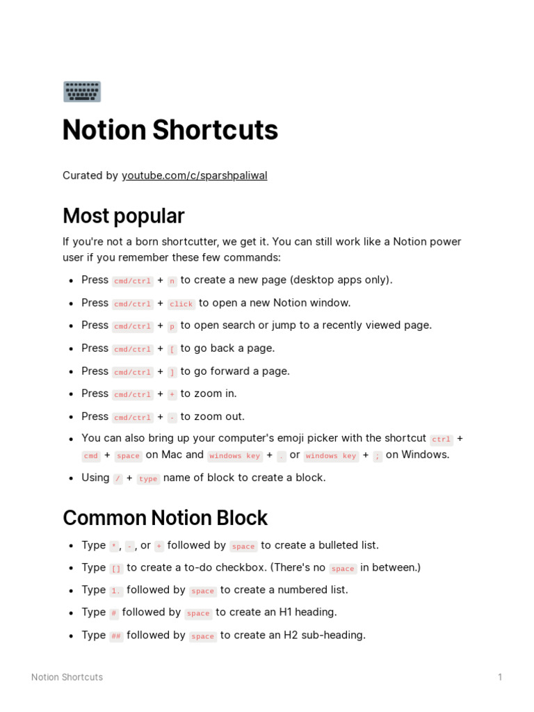 Notion - Shortcuts - by Rishabh | PDF | Control Key | Operating System Families