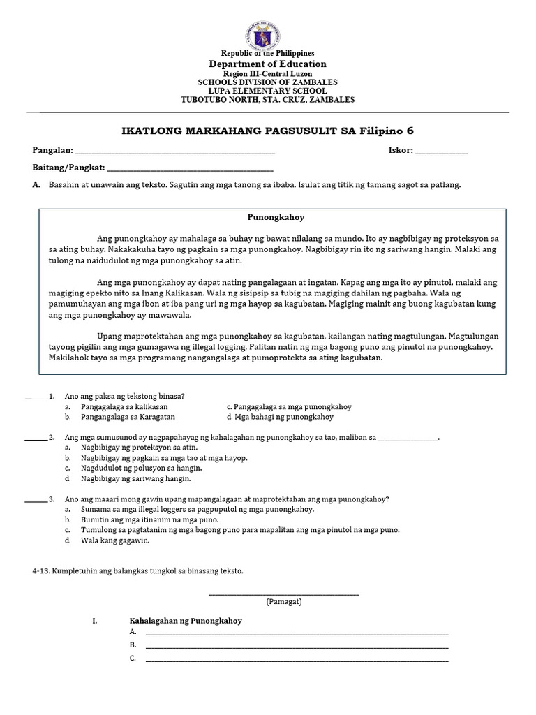 3rd QUARTER TEST - FILIPINO 6 | PDF