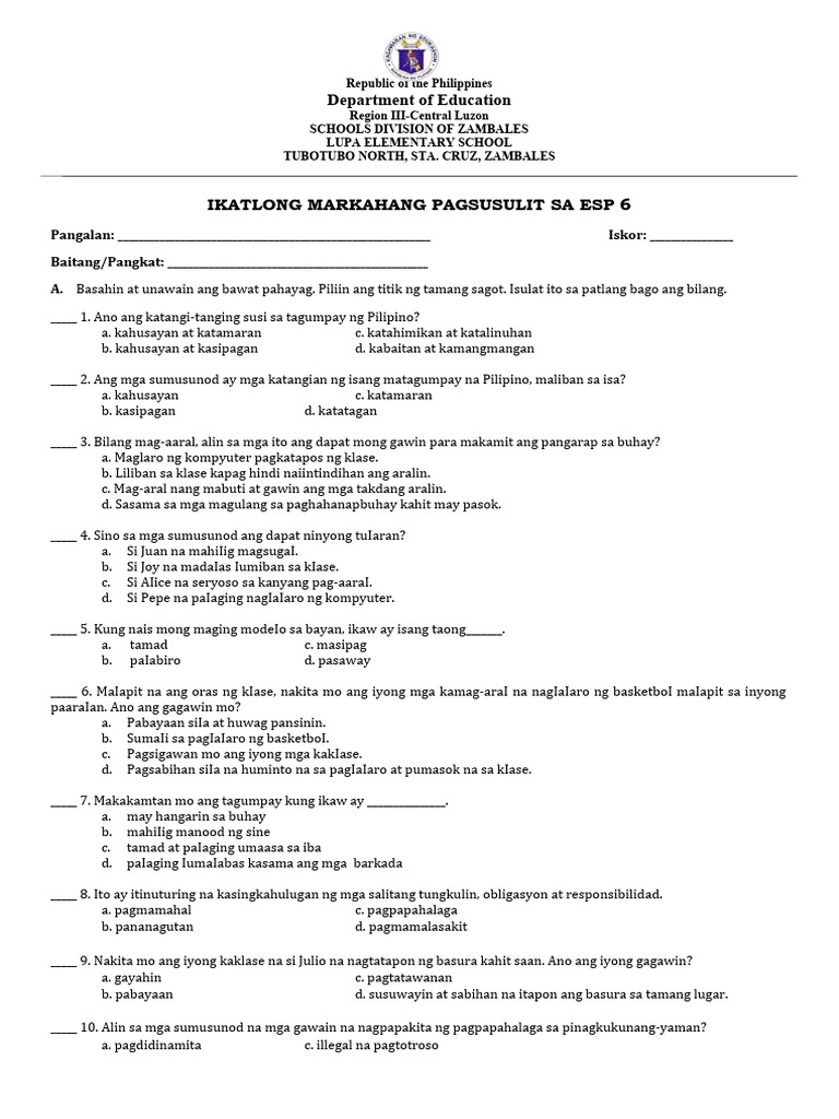 3rd QUARTER TEST, ESP GRADE 6 | PDF